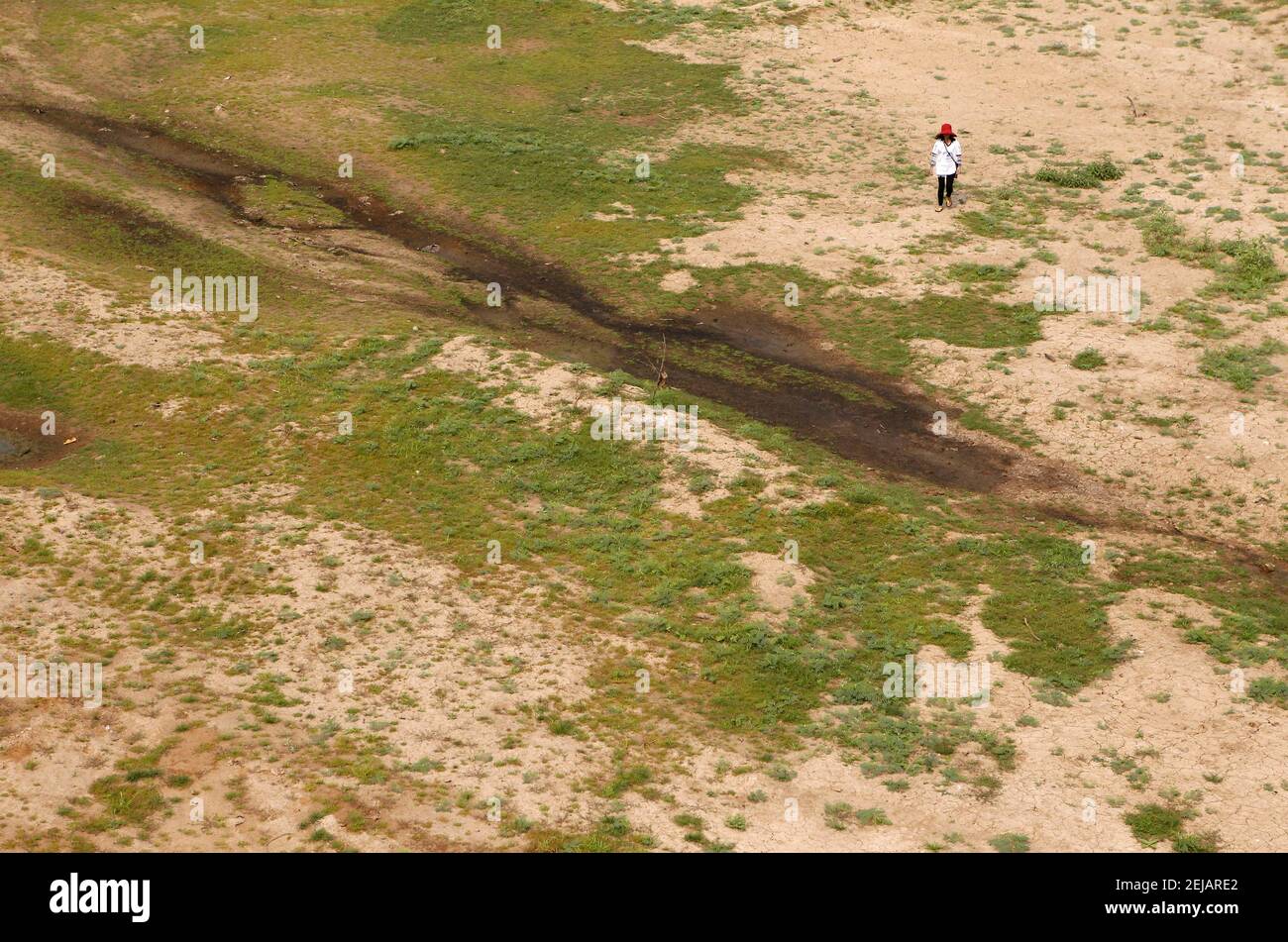 A villager walks around a dry Yom River during a drought season (now ...