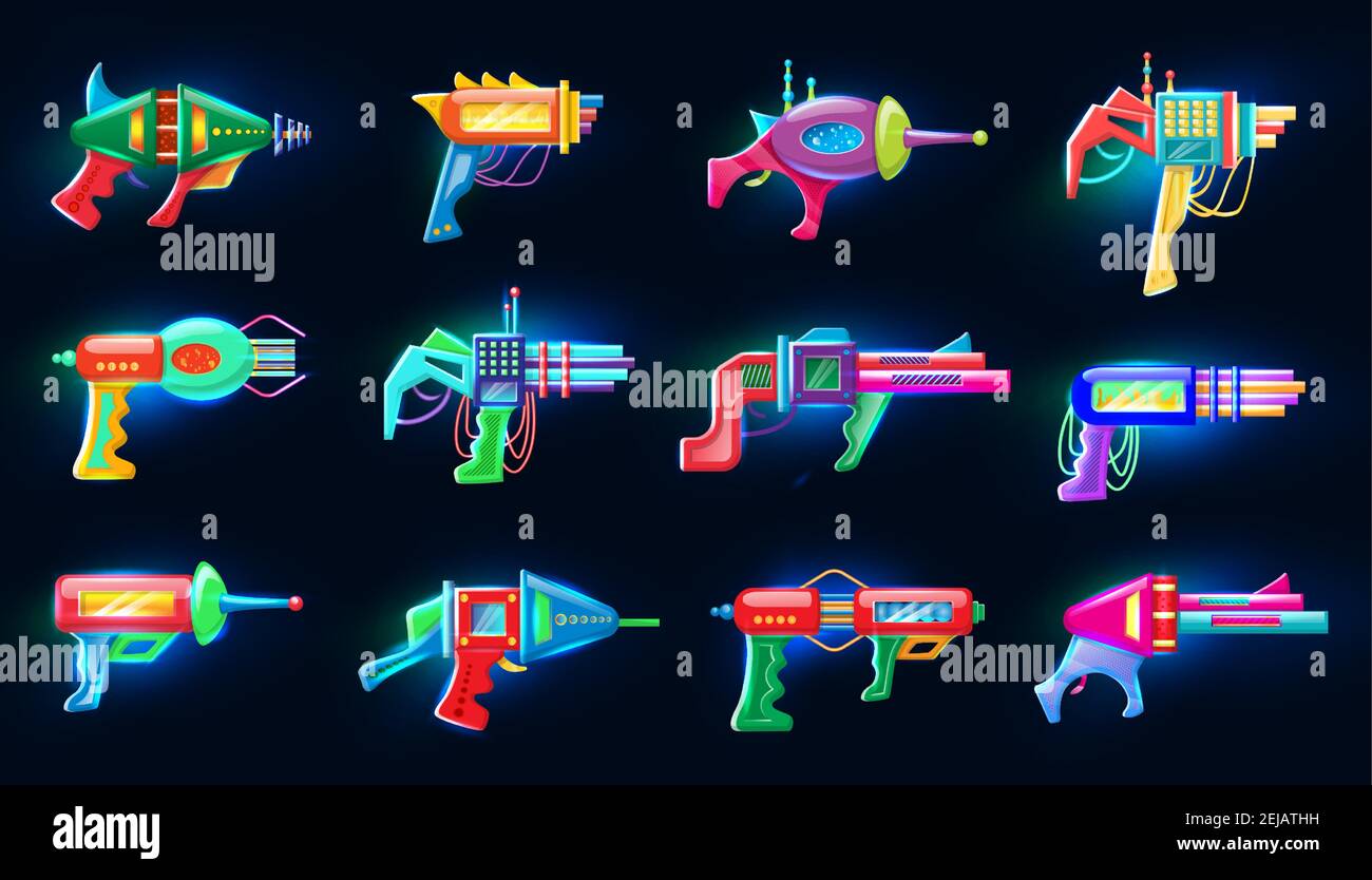Collection of neon vector cartoon style flat illustration of futuristic ...
