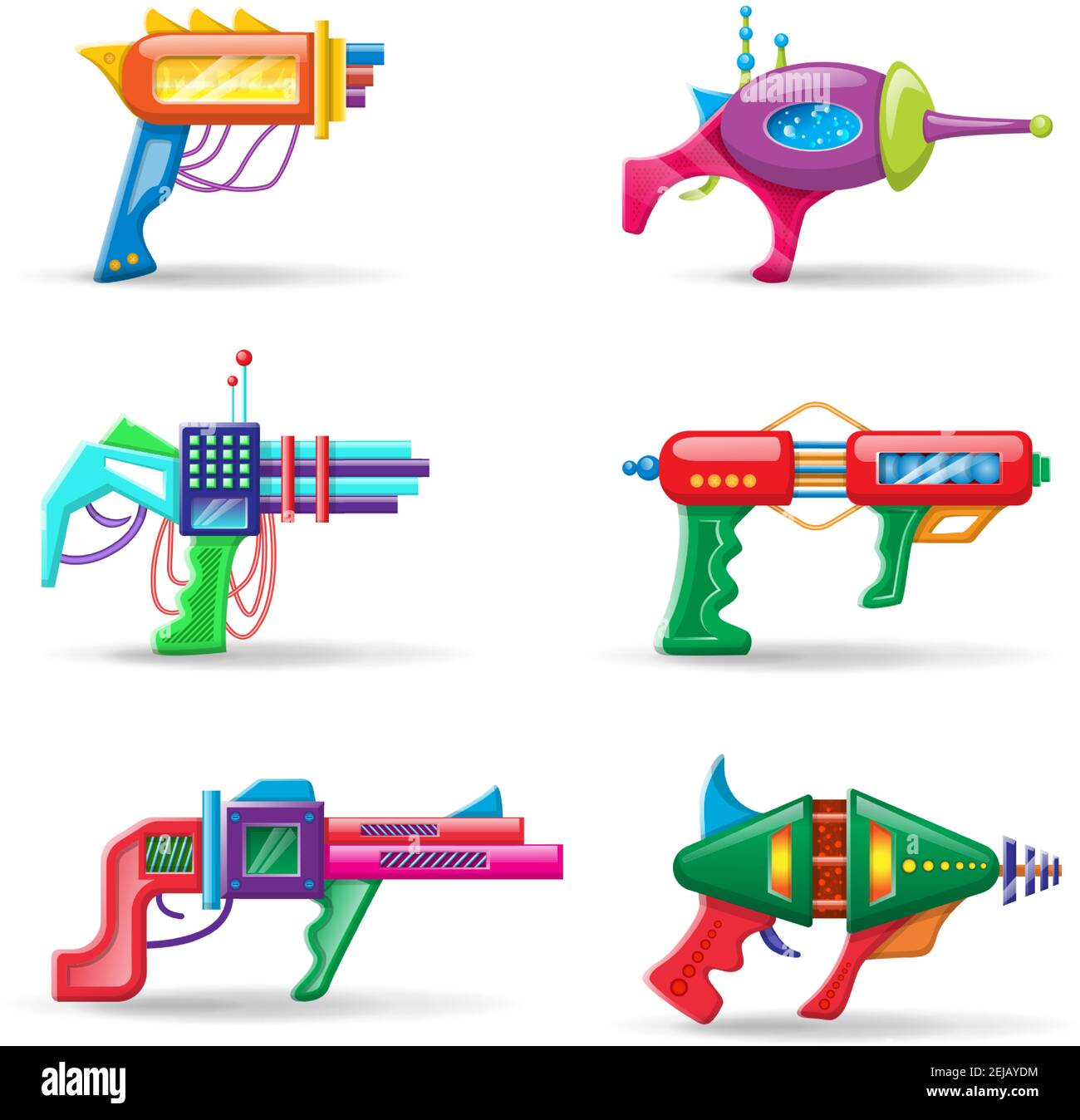 Vector cartoon style flat illustration of futuristic colorful blasters ...