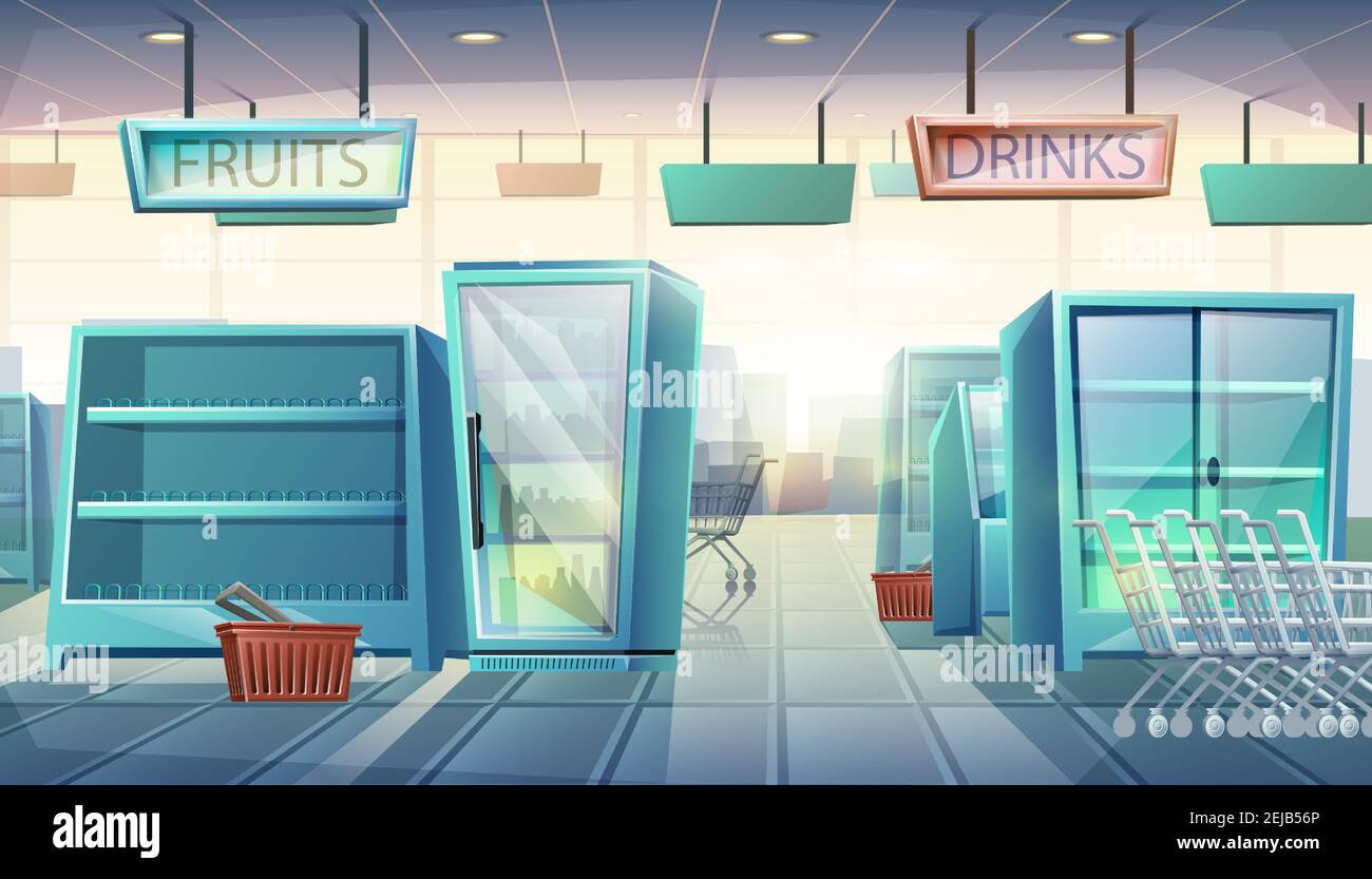 Vector cartoon style flat supermarket with vending machines, shelves ...