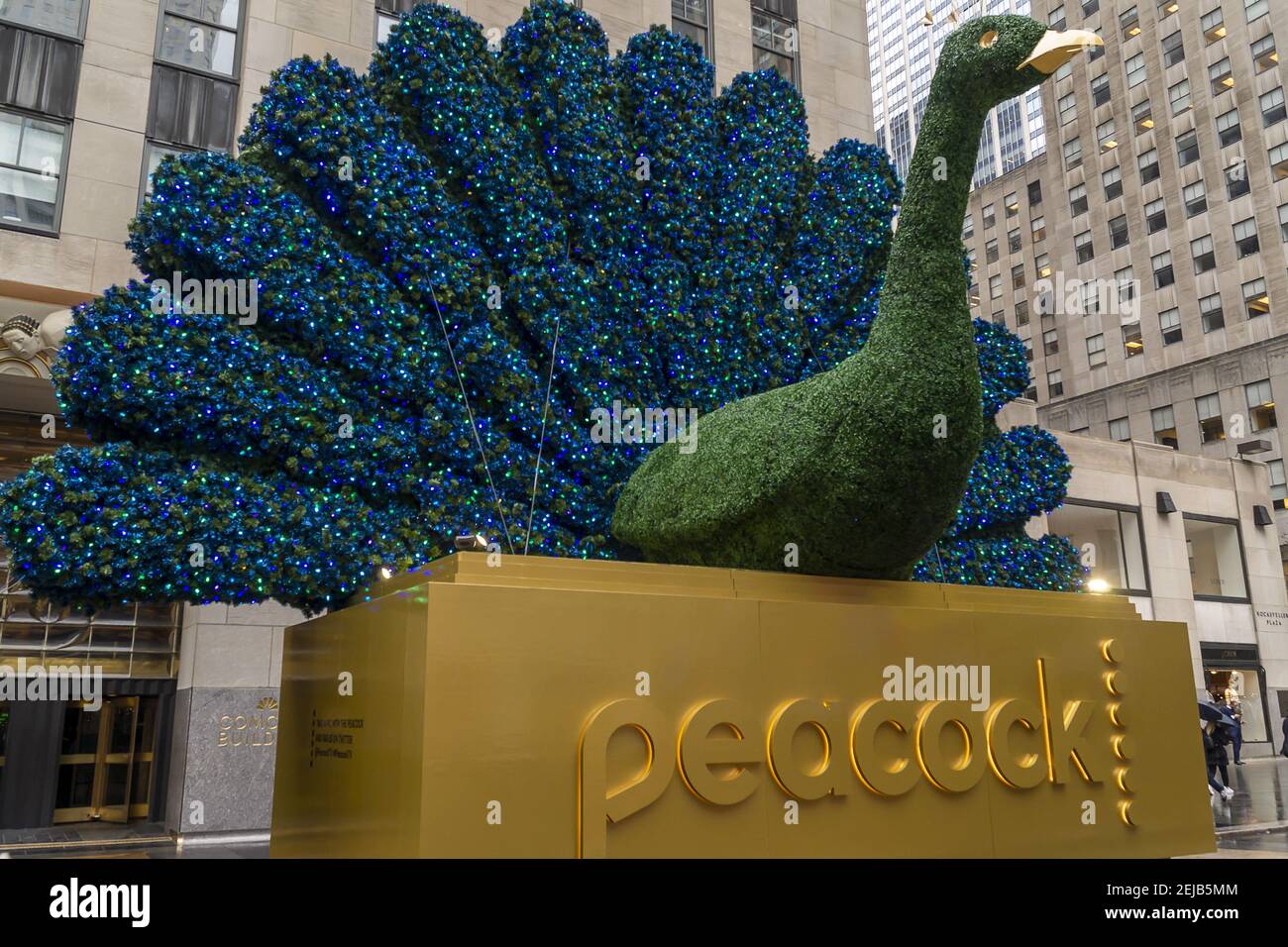 A giant topiary Peacock is displayed in Rockefeller Plaza in New York ...