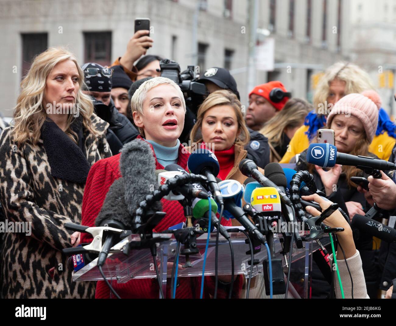Actress Rose McGowan speaks to the press during the opening day of ...