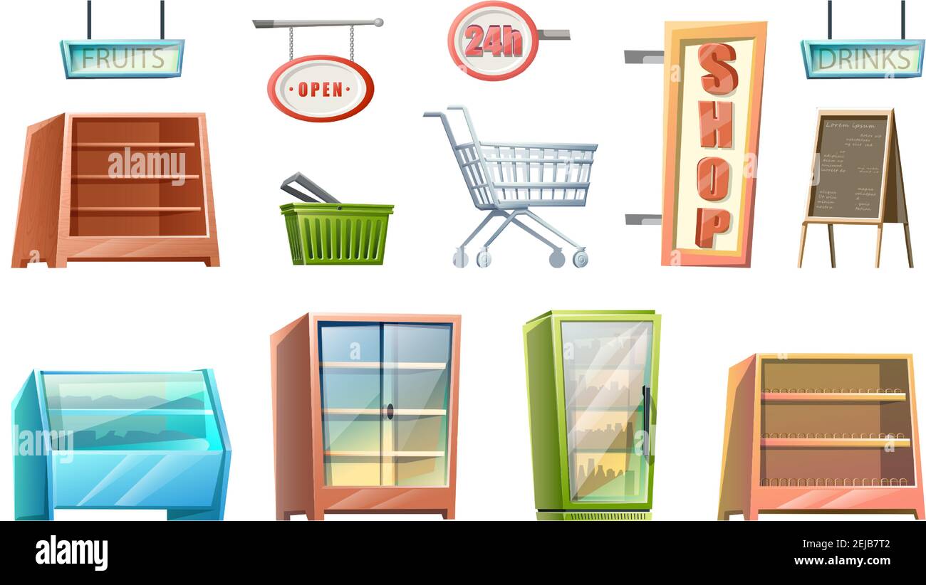 vector cartoon style supermarket shop elements. Shopping cart, product ...