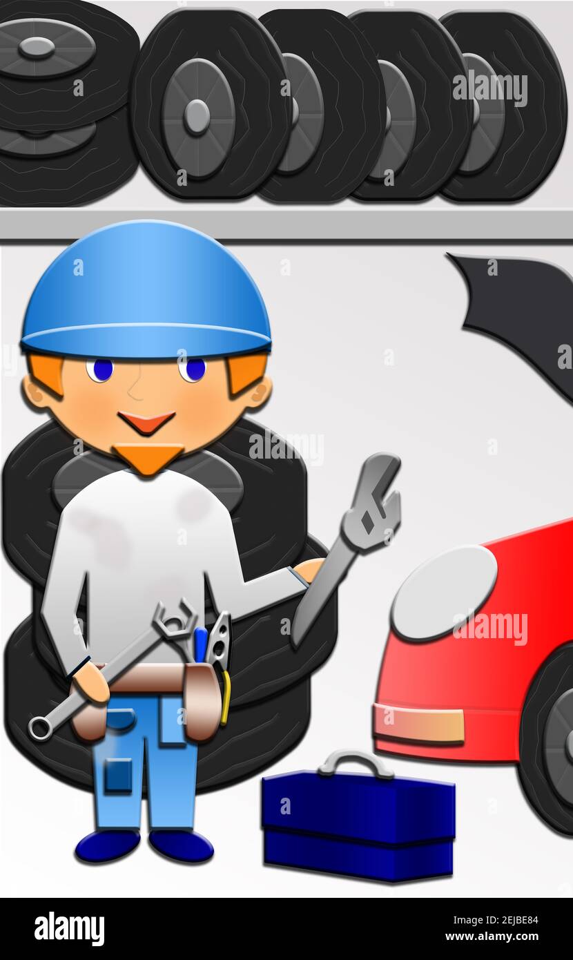 Cartoon of a cute Happy Mechanic holding a spanner, in a garage. This ...