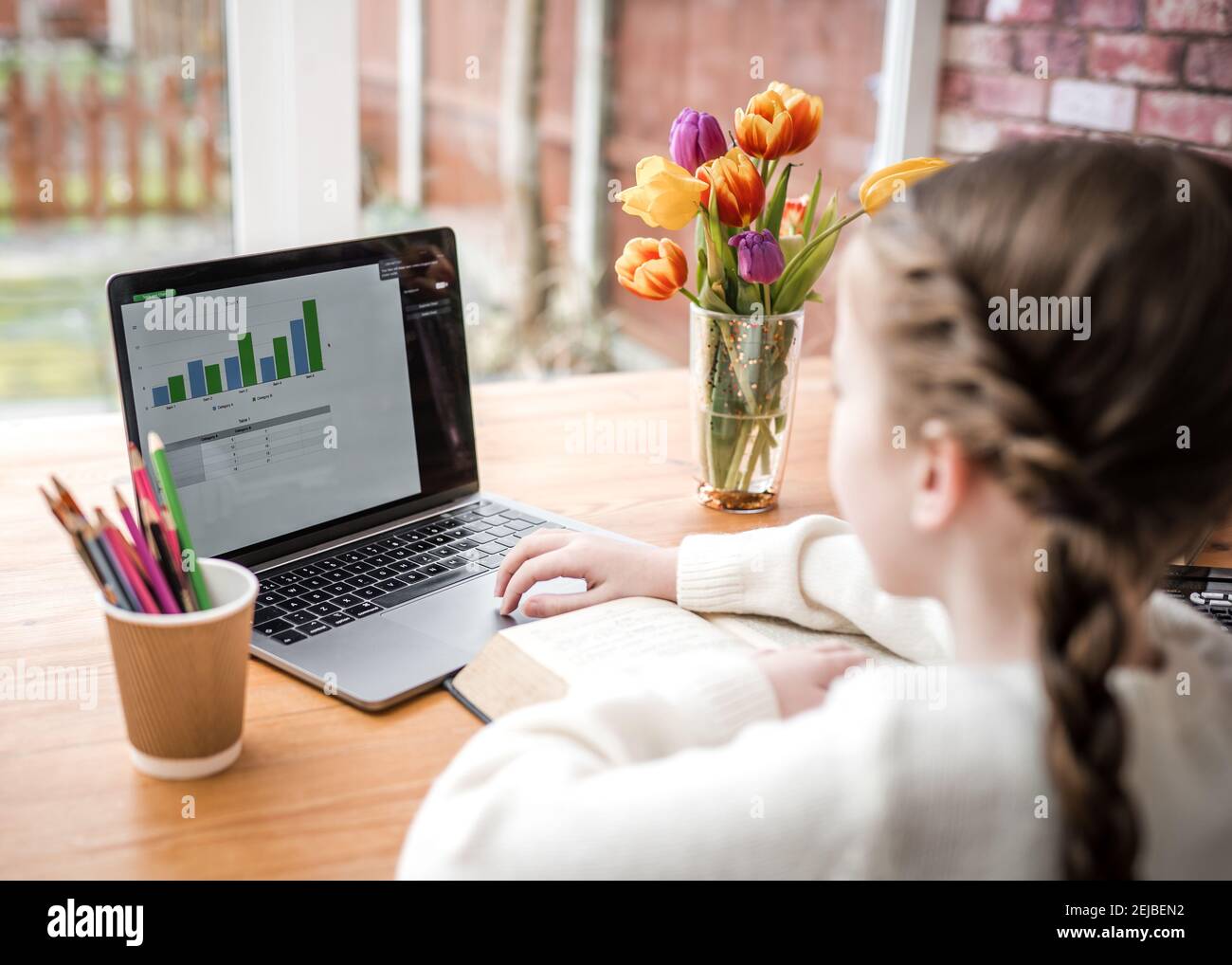 Young pretty girl long hair using laptop to do maths graph bar chart on ...
