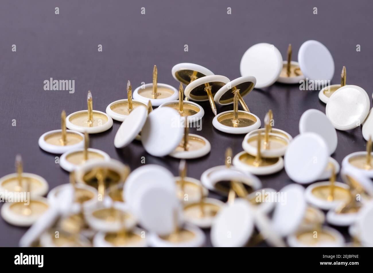 Close-up of white and golden drawing pins, tacks or thumbtacks with ...
