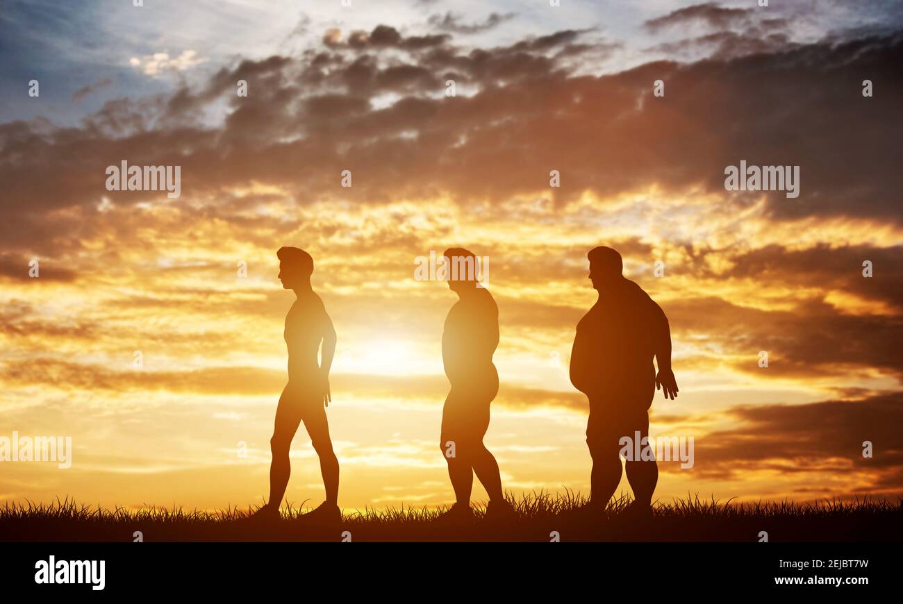 Three men silhouettes with different body types on a sunset sky. Body ...