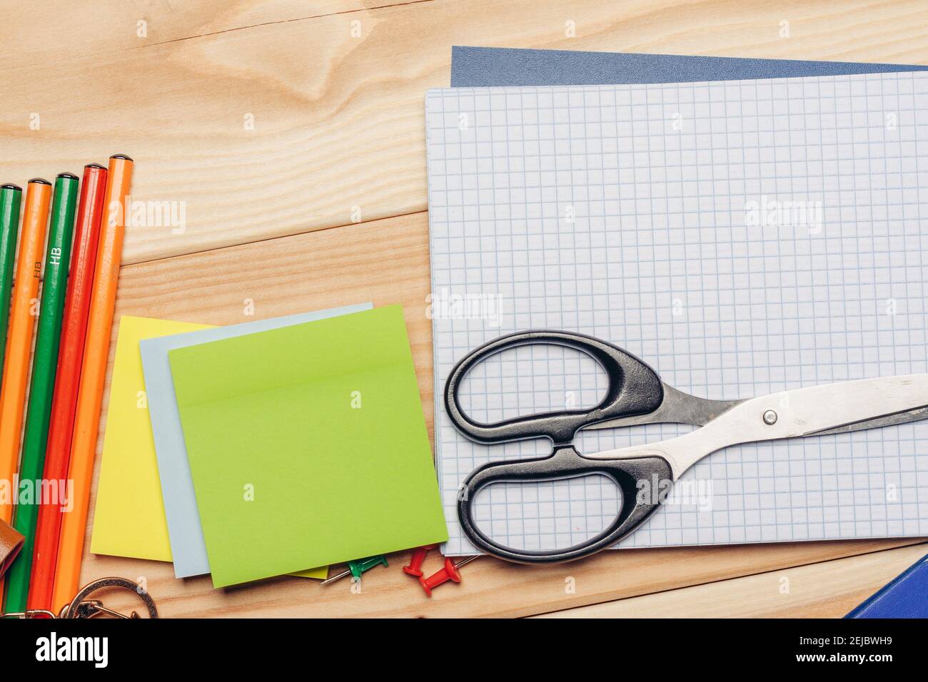 stationery office work desk object top view close-up Stock Photo - Alamy