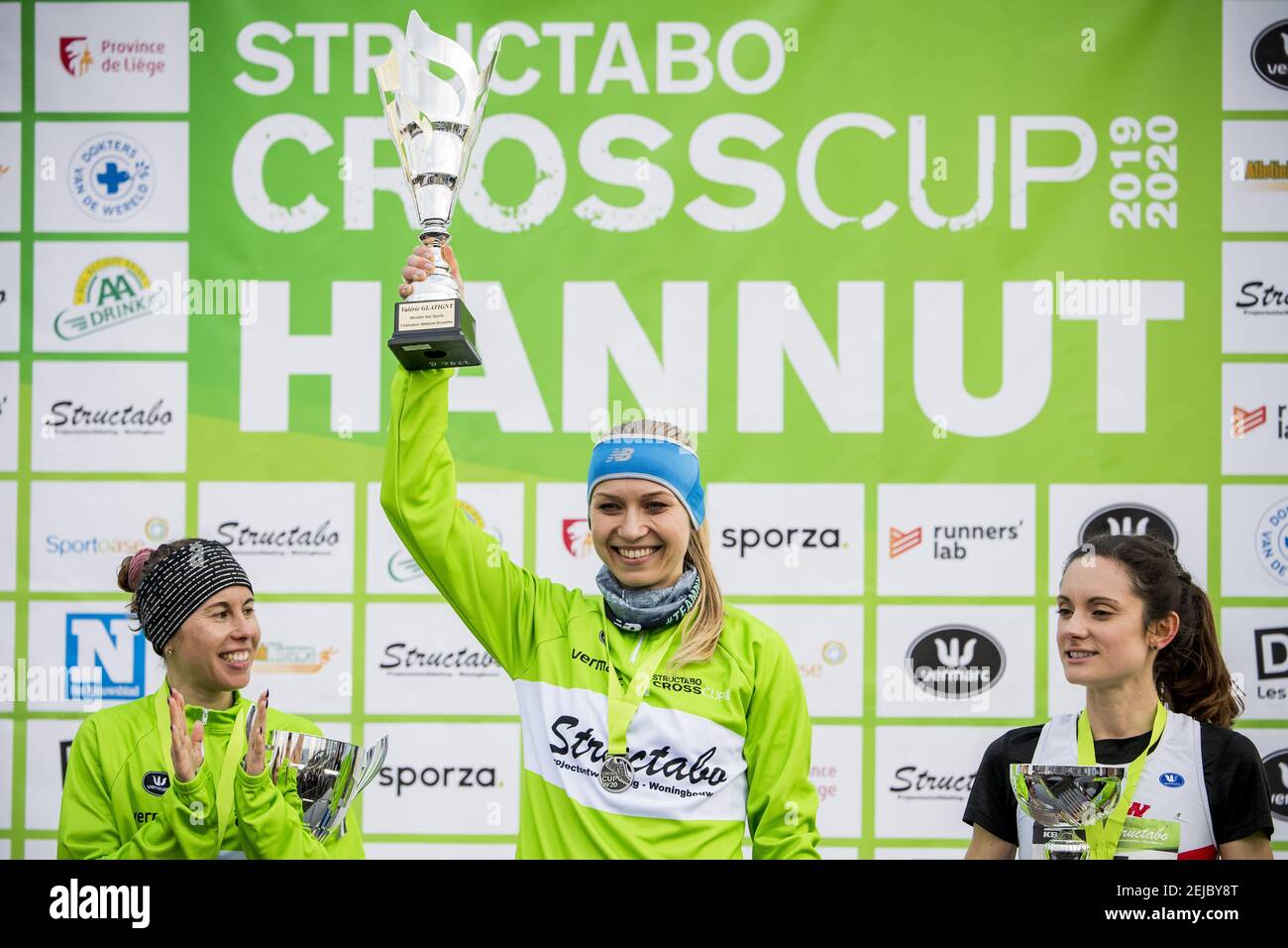 Roxana Birka, Anna Gosk and Stephanie Barnes celebrate on the podium ...
