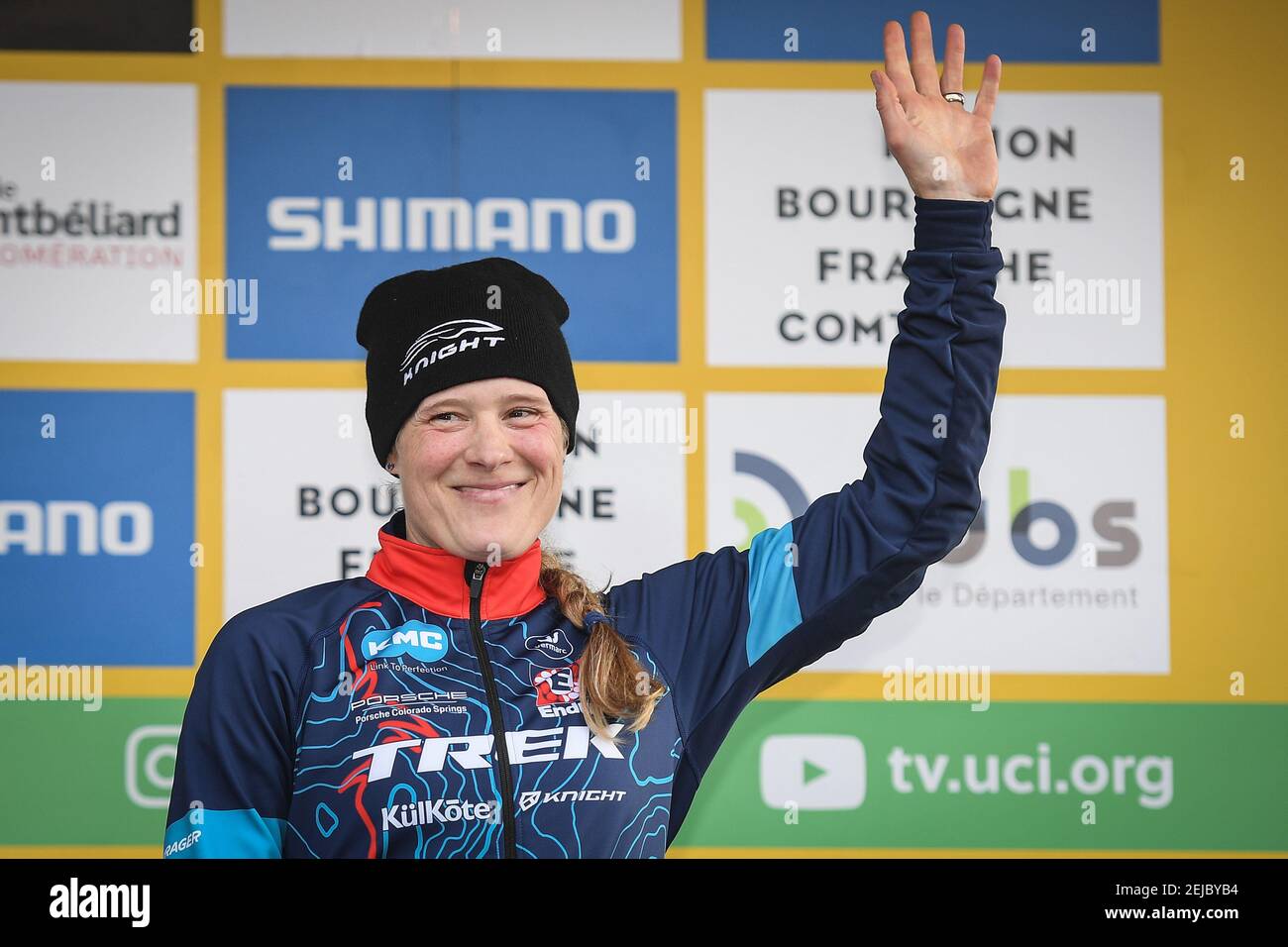 US Katie Compton pictured on the podium after the women elite race of ...