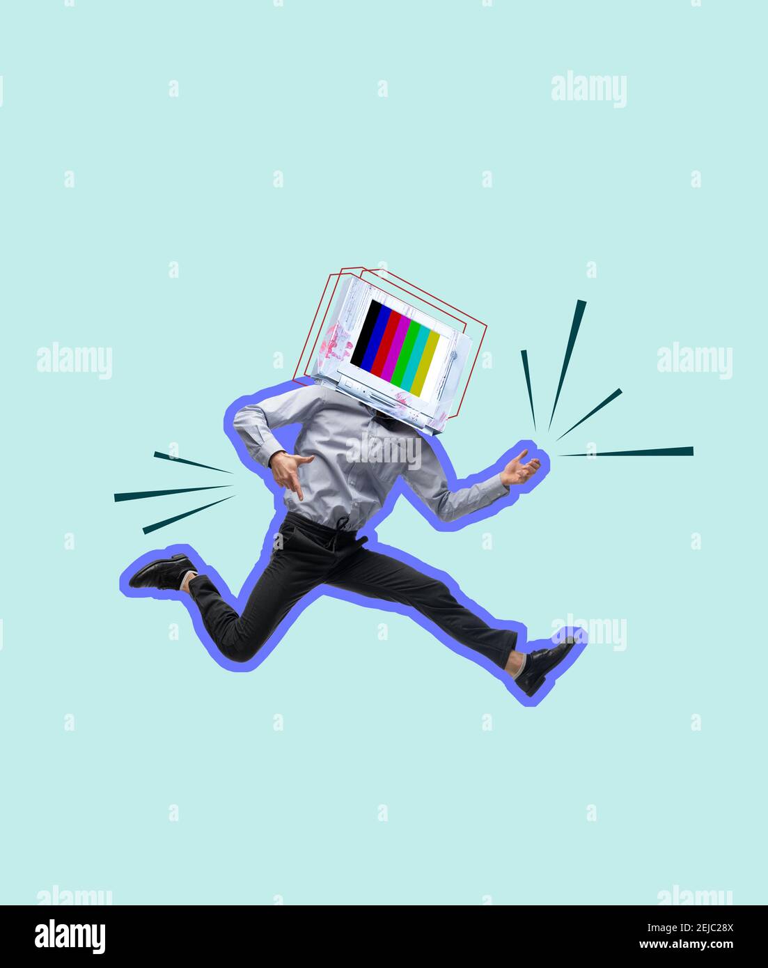 Contemporary art collage. Young man headed of TV set jumping isolated ...