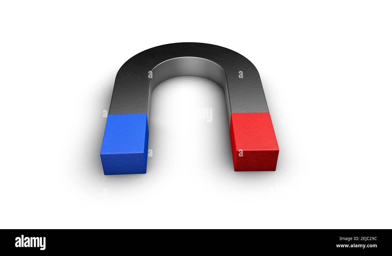 3D illustration of a magnet with north and south poles over white ...