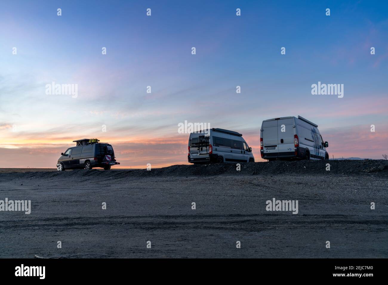 Villaricos, Spain - 18 February, 2021: camper vans parked in a ...