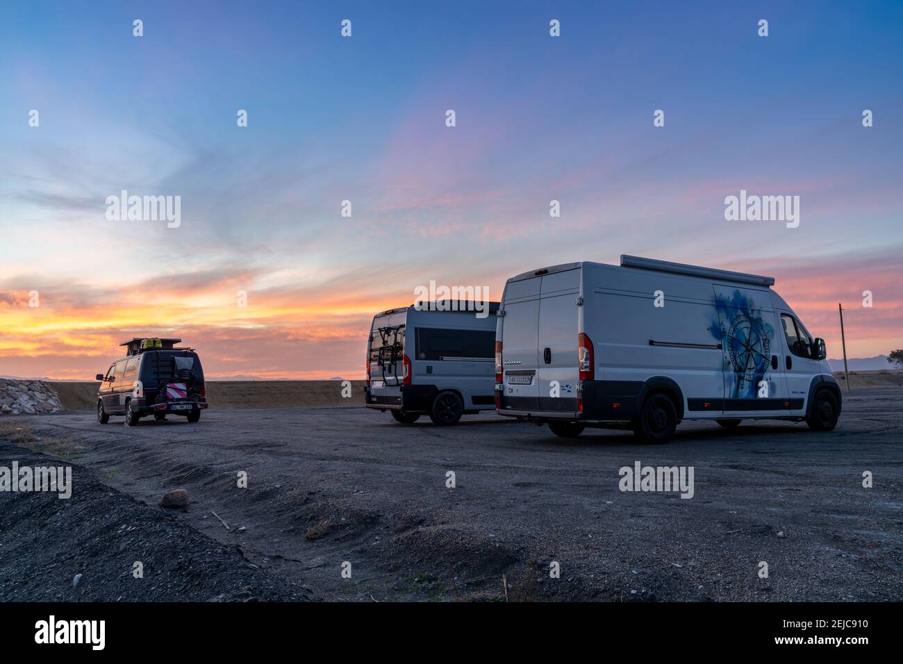 Villaricos, Spain - 18 February, 2021: camper vans parked in a ...