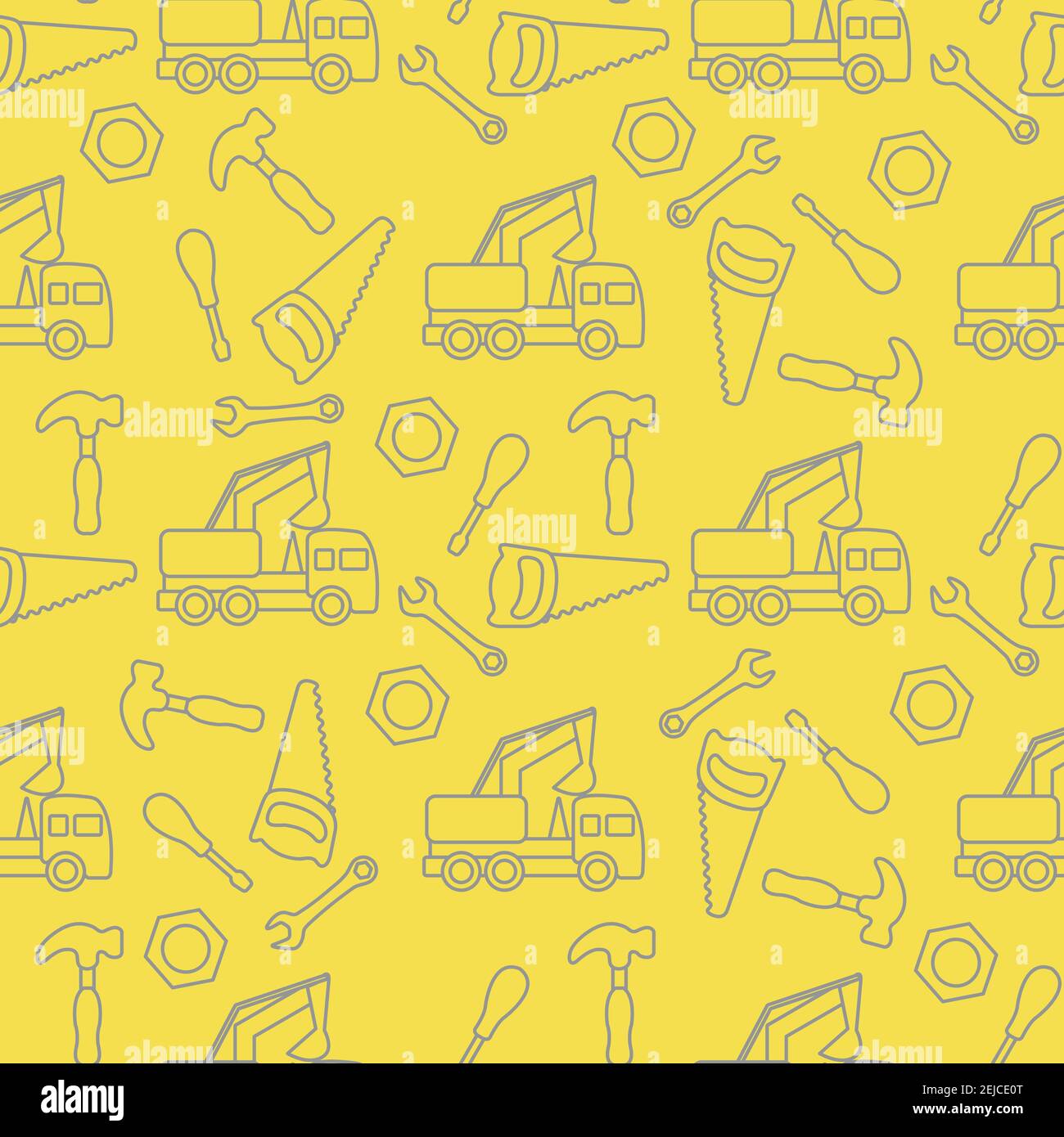 Vector seamless pattern with kid toys. Excavator, toy tools, saw ...