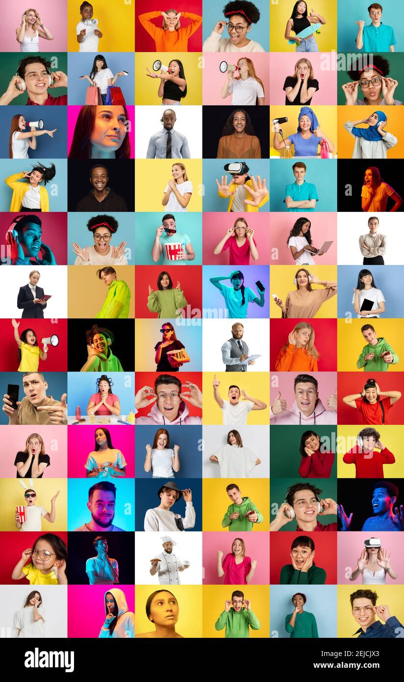 Collage of faces of 45 emotional people on multicolored backgrounds ...