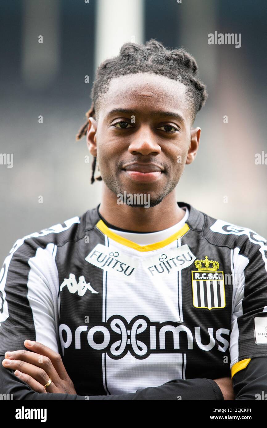 Charleroi's Joris Kayembe poses for the photographer after a press ...