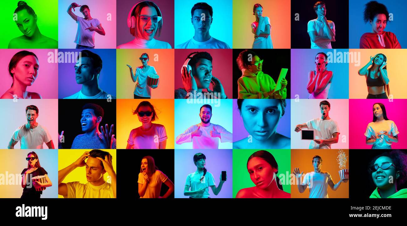 Collage of faces of 15 emotional people on multicolored backgrounds in ...