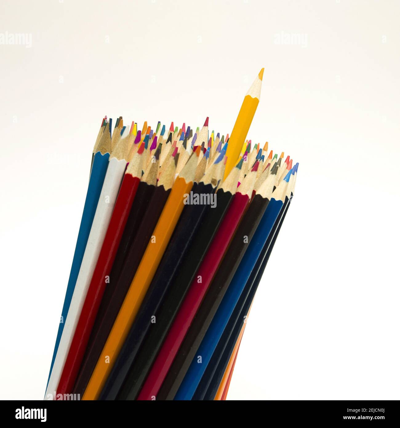 Colored pencils isolated on white background with one yellow pencil ...
