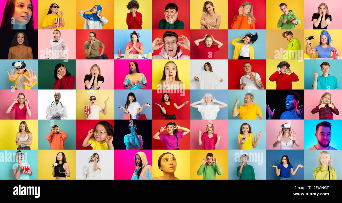 Collage of faces of 40 emotional people on multicolored backgrounds ...