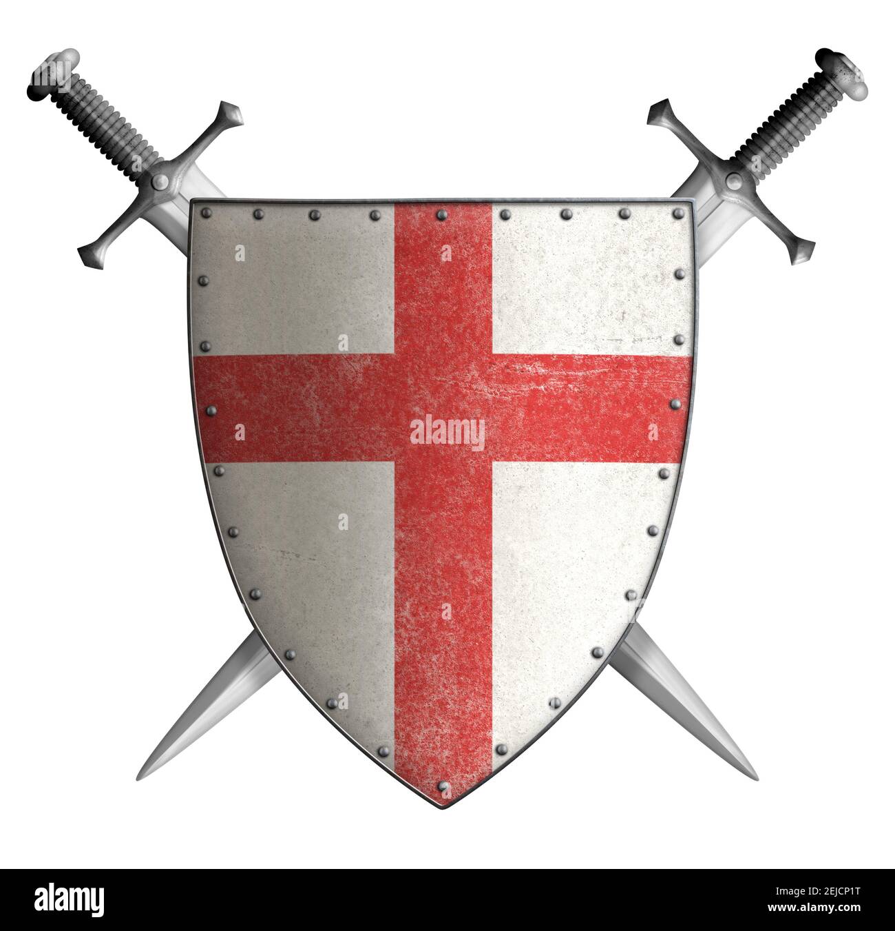 Metal classical shield with red cross and swords 3d illustration Stock ...