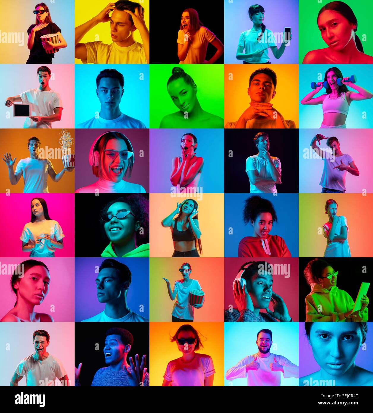 Collage of faces of 16 emotional people on multicolored backgrounds ...