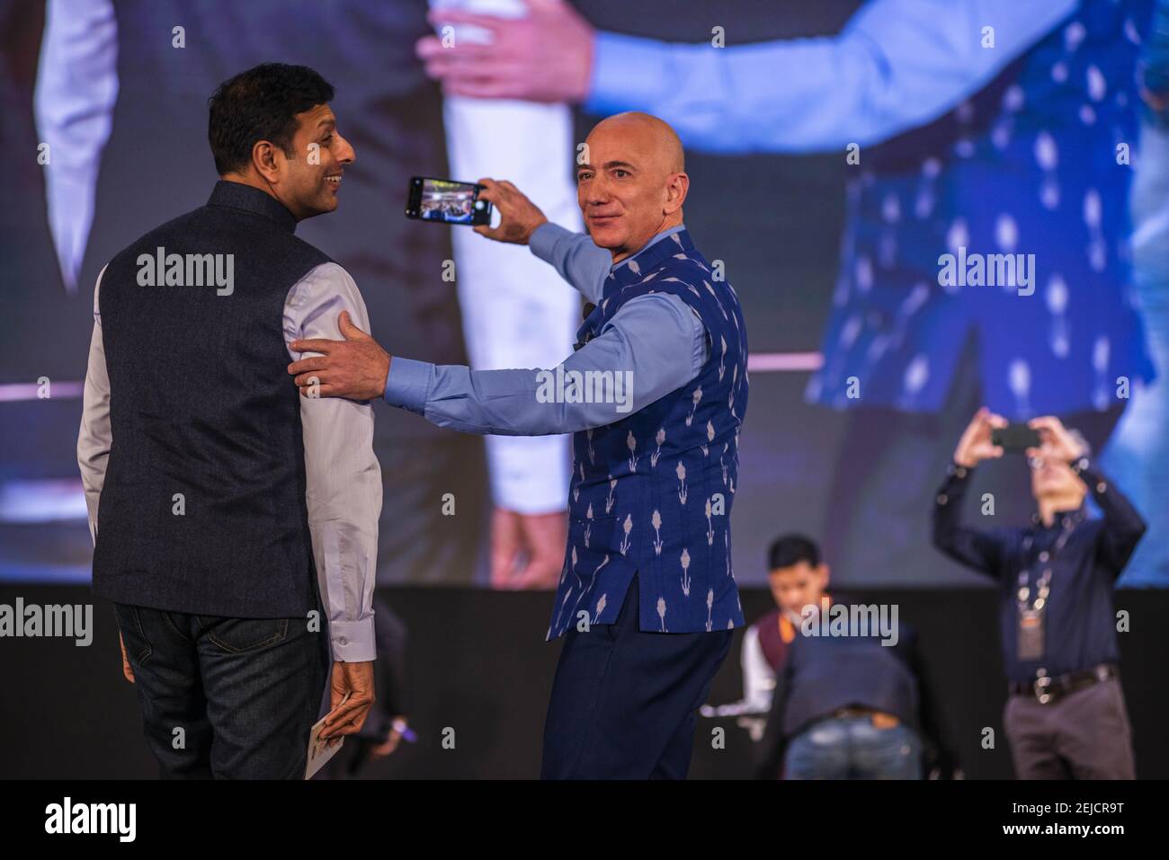 NEW DELHI, INDIA - JANUARY 16: Amazon CEO Jeff Bezos with Amazon India Chief Amit Agarwal during ...