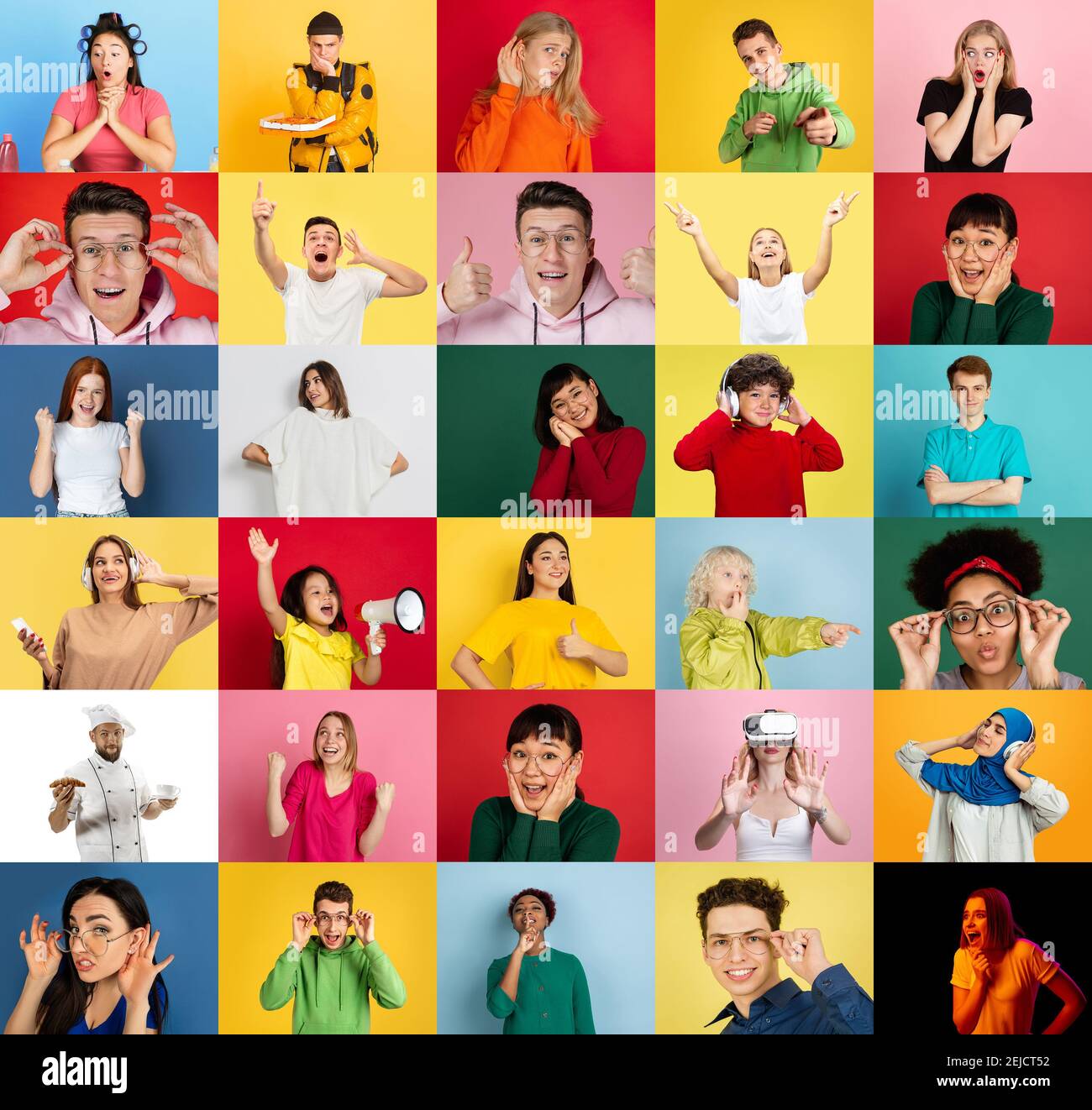 Collage of faces of 25 emotional people on multicolored backgrounds ...