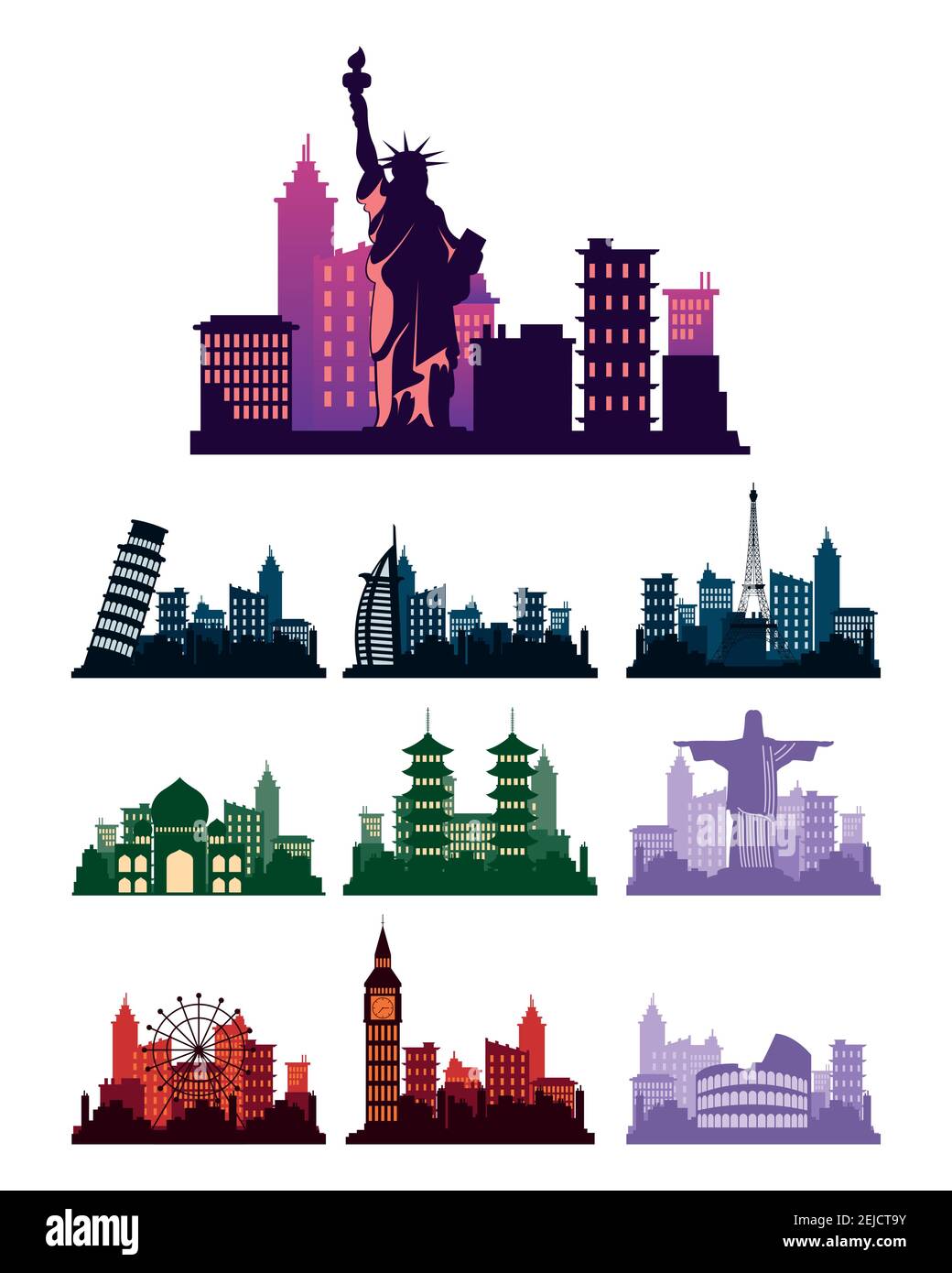 bundle of ten cities skylines silhouettes scenes vector illustration ...