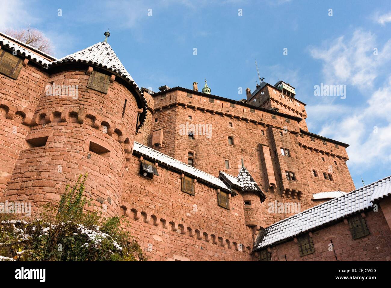 Walls of the Haut-Koenigsbourg castle, in the snow in winter, Alsace ...