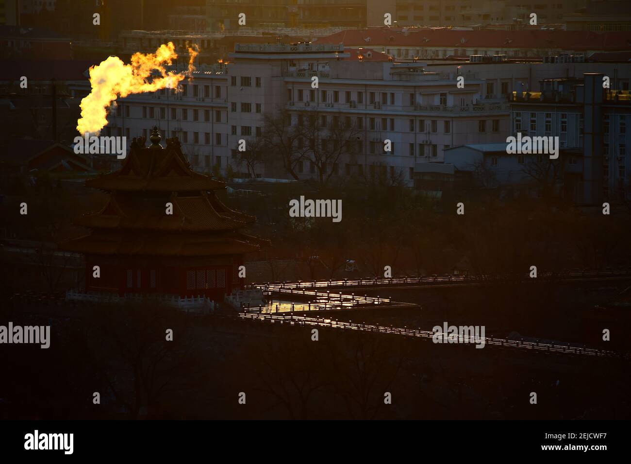 An aerial view of the city with the first sunshine of 2020 as ...