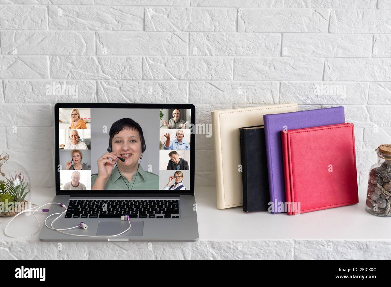 Many portraits faces of diverse young and aged people webcam view ...