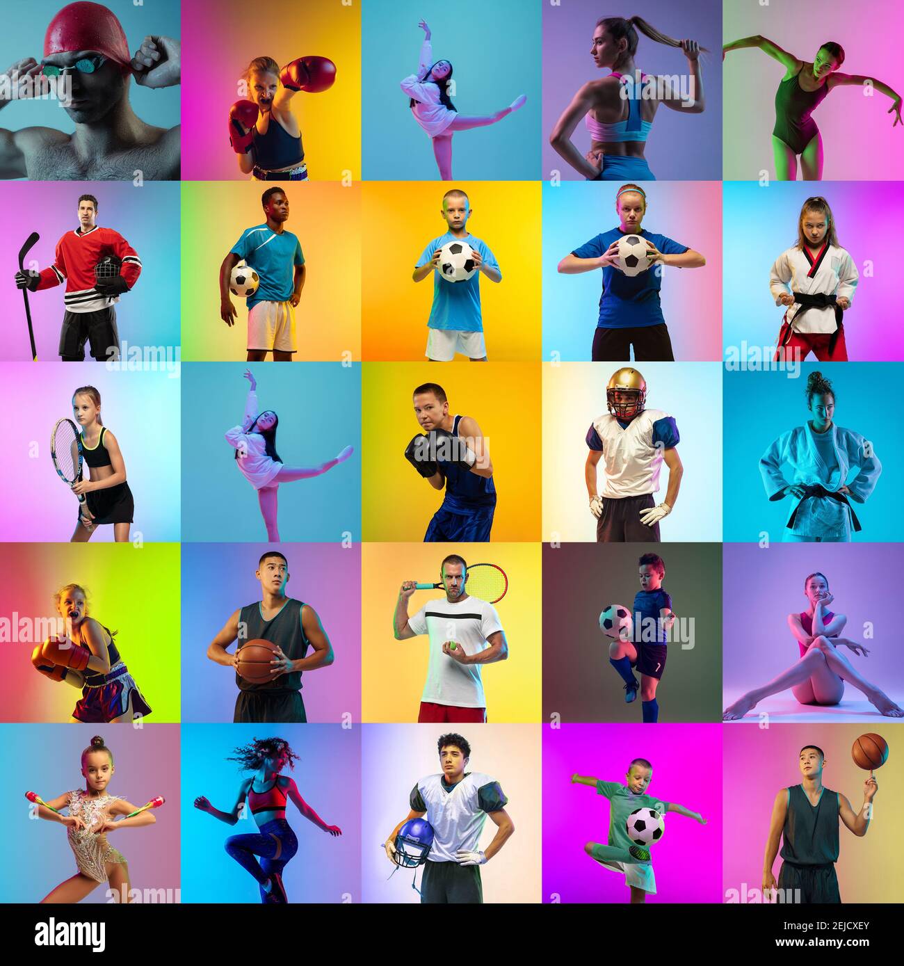 Sport collage of professional athletes on gradient multicolored neoned ...