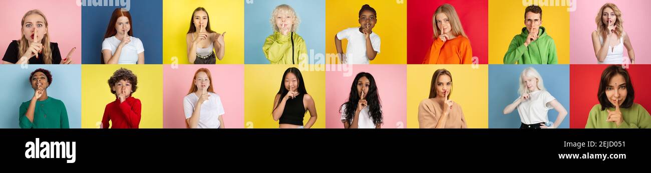 Collage of faces of 16 emotional people on multicolored backgrounds ...
