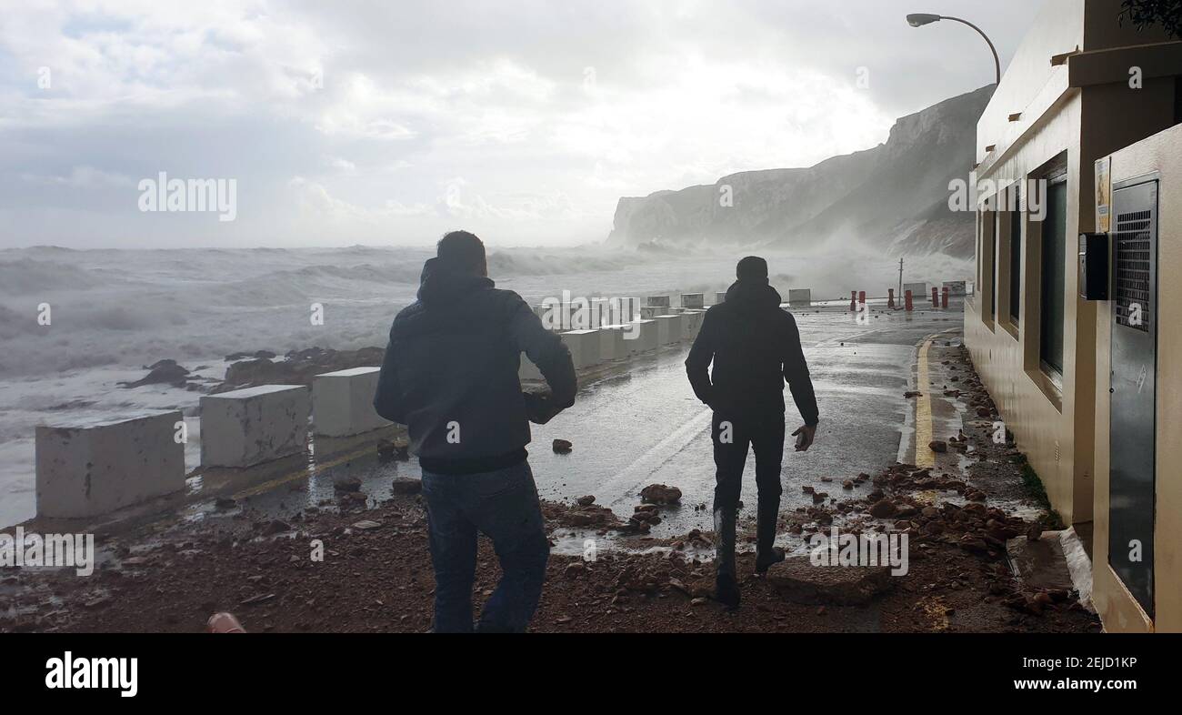Hurricane Gloria on the Costa Blanca. People walk on the damaged ...