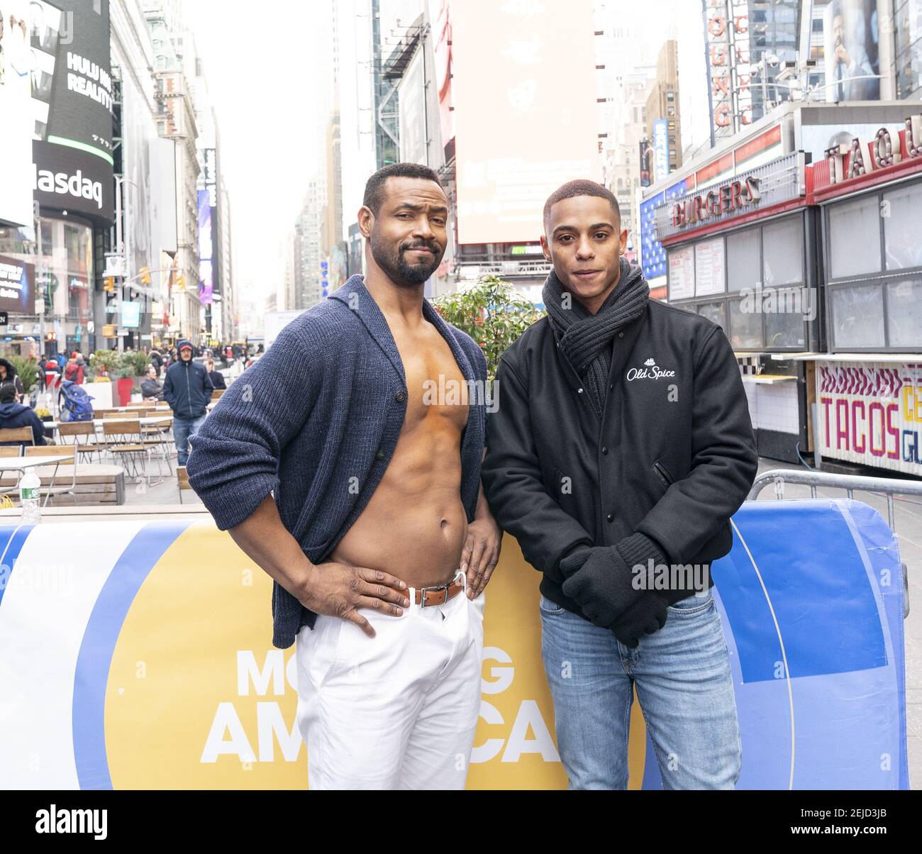 Actors Isaiah Mustafa and Keith Powers pose during Old Spice products ...