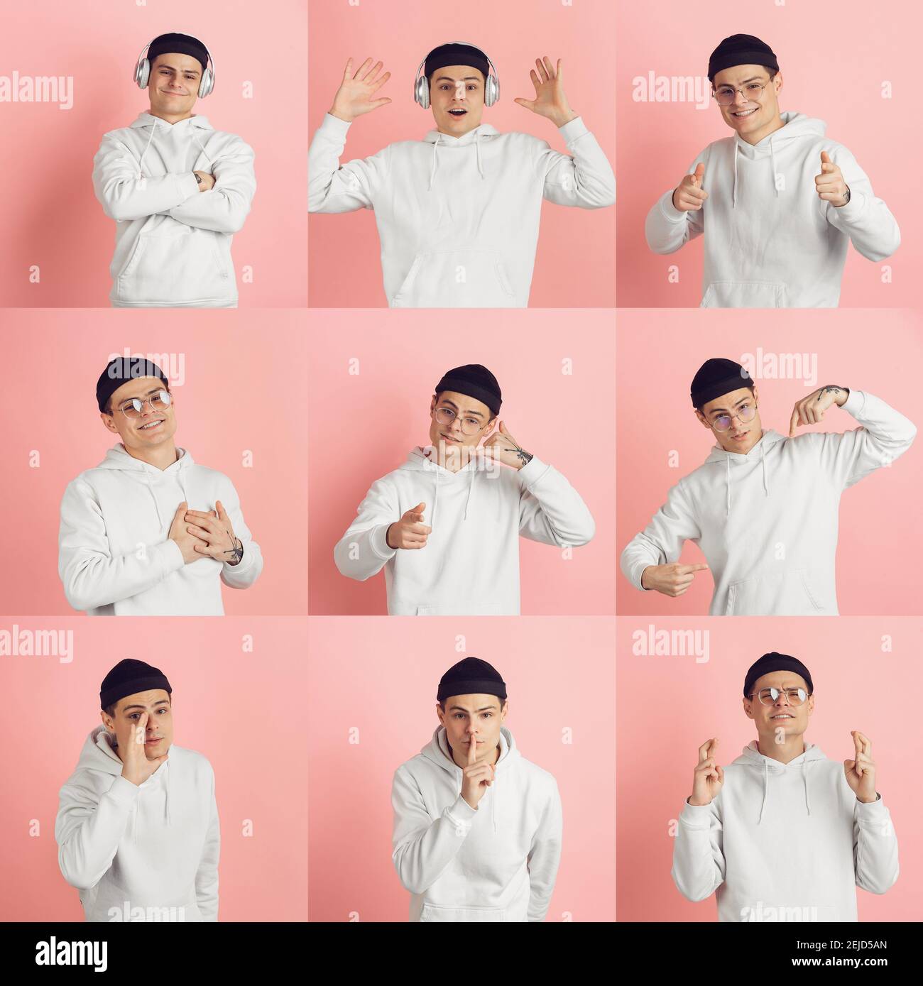 Collage made of photos of beautiful male's half-length portraits ...