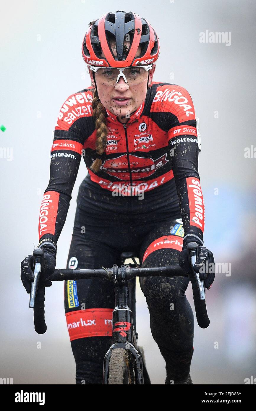 Dutch Denise Betsema crosses the finish line at the Kasteelcross cyclocross women elite race Saturday 25 January 2020 in Zonnebeke. BELGA PHOTO DAVID STOCKMAN Photo by DAVID STOCKMAN Belga Sipa USA St...