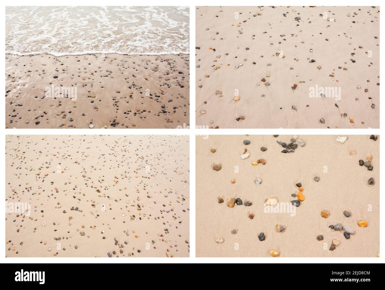 Collage of colorful stones on sand backgrounds on the beach. Full size ...