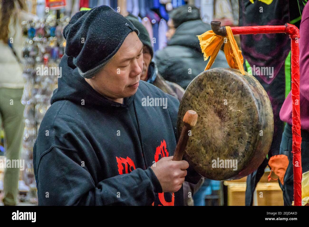 Drummers setting the beat for the parade marchers. Traditional lion ...