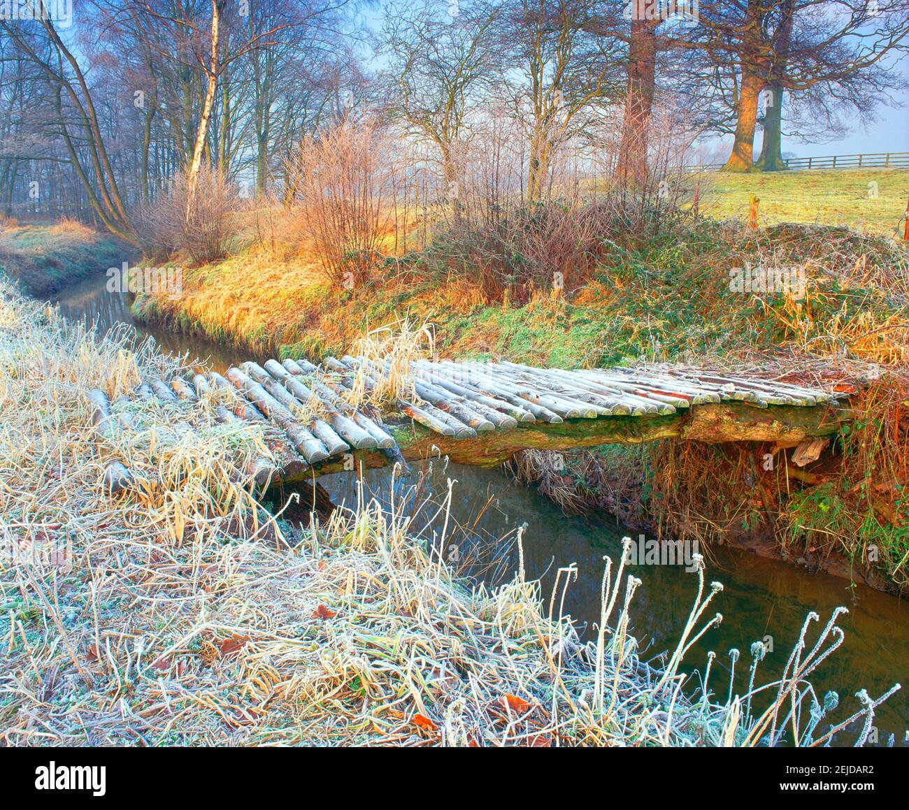 wooden bridge, over stream, winter Stock Photo - Alamy