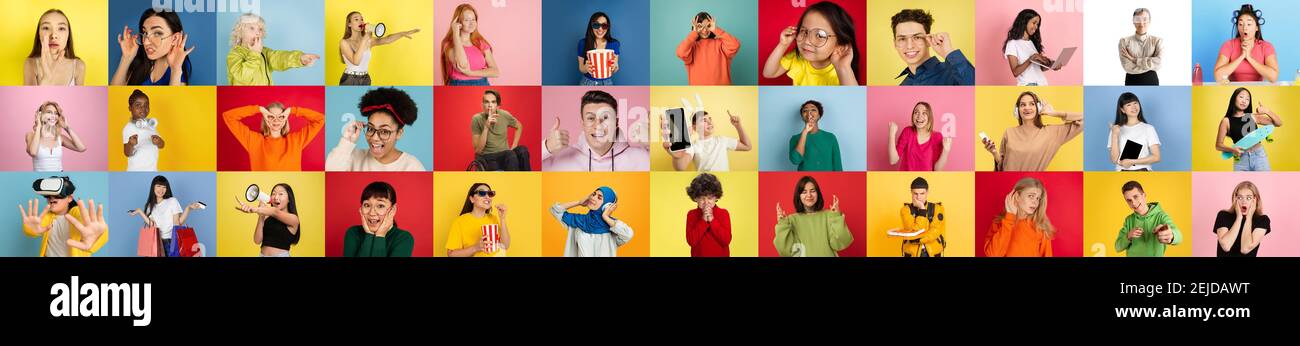 Collage of faces of 28 emotional people on multicolored backgrounds ...