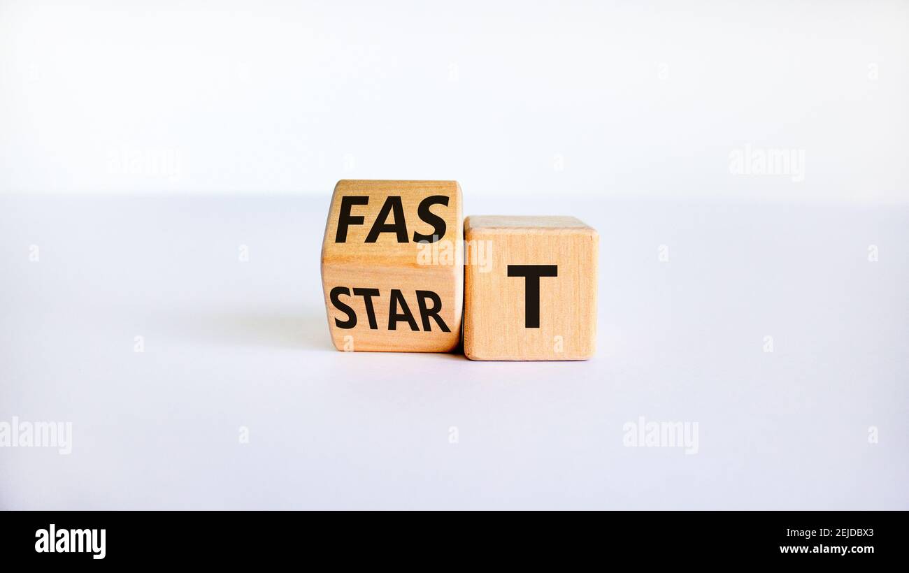 Time to fast start symbol. Turned a wooden cube with words 'fast start ...