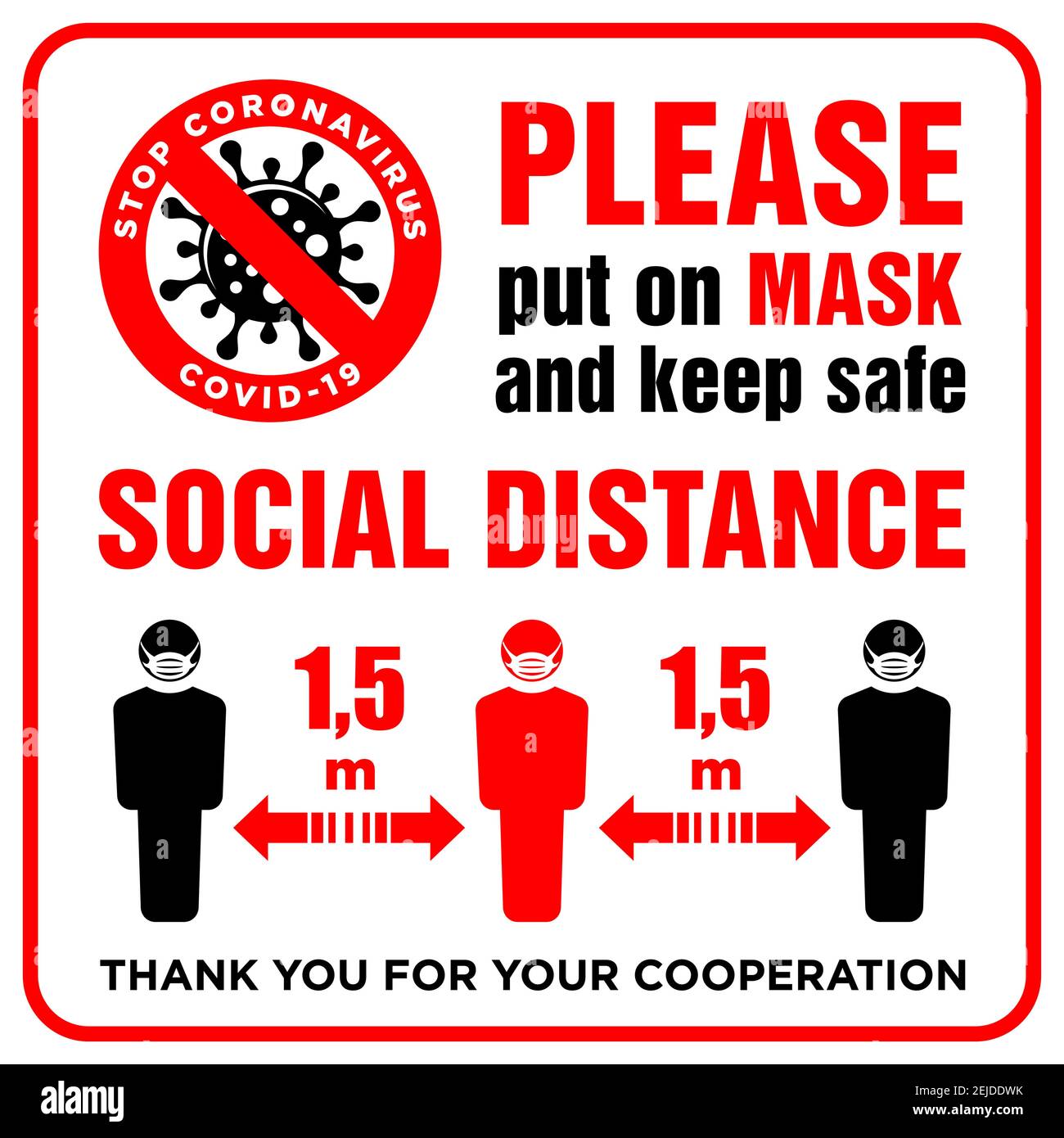 Warning sign Put on mask and keep safe distance of 1.5 m. Front door ...
