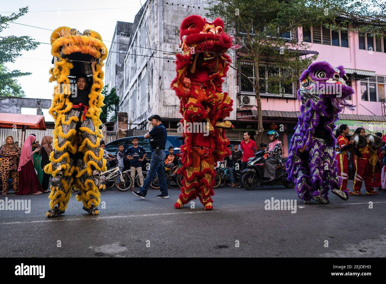 A group of dancers dressed in dragon costumes perform during the Lunar ...