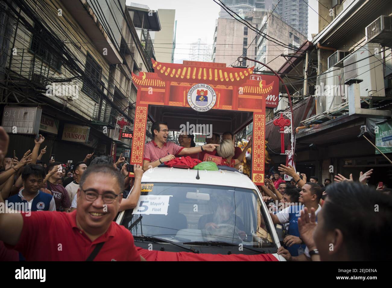 Manila's Mayor Isko Moreno gestures to the crowd during the celebration ...