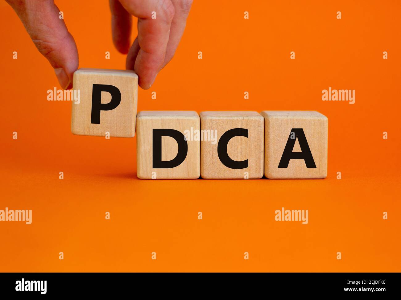 PDCA, plan do check act symbol. Wooden cubes with words 'PDCA, plan do ...