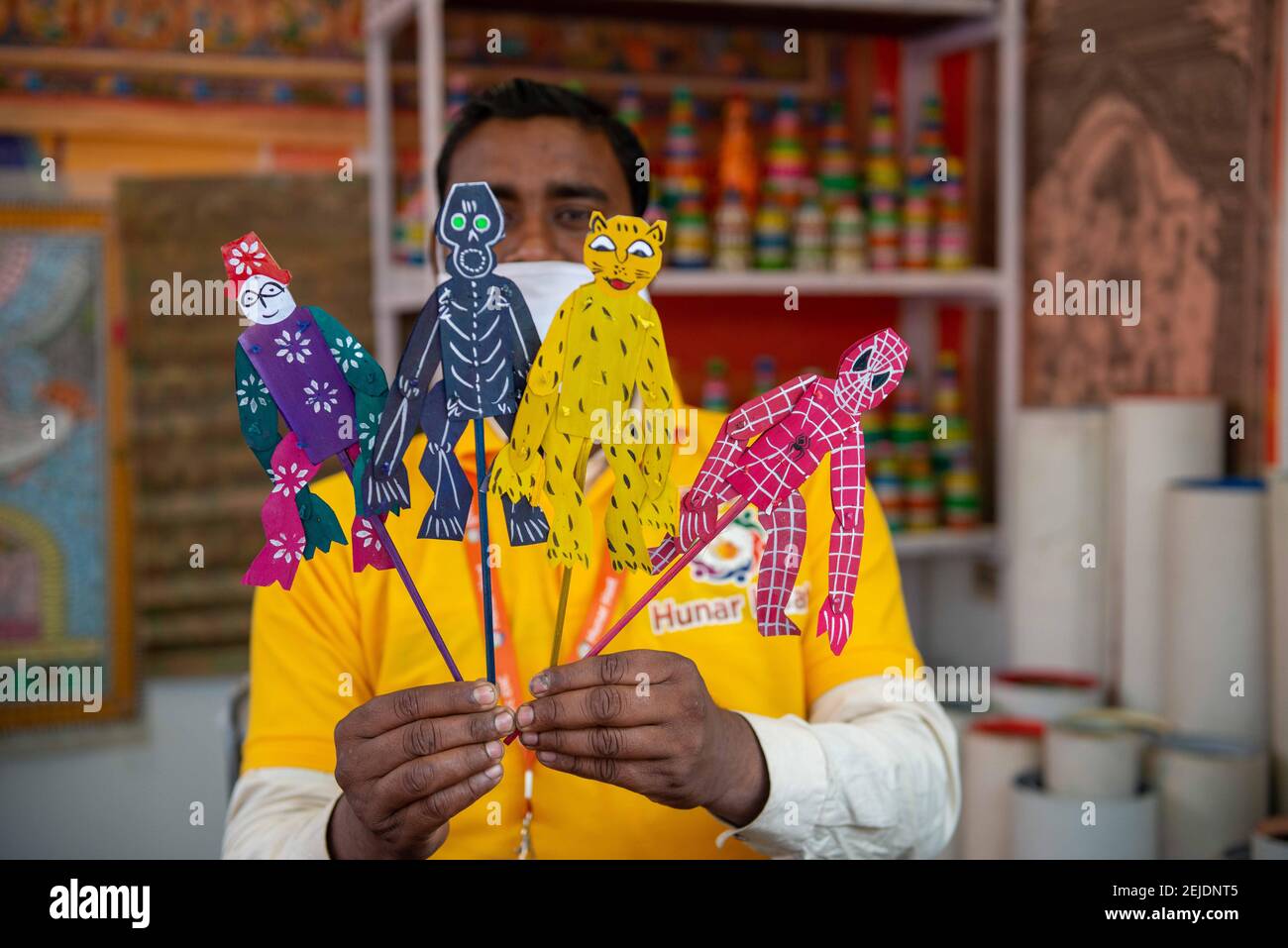 Satanam Nayak (30) from puri odisha, displays puppets of Spiderman ...