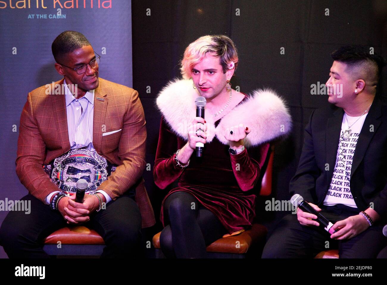 Fred Rosser, Jacob Tobia and Damien Bell during the Instant Karma panel ...
