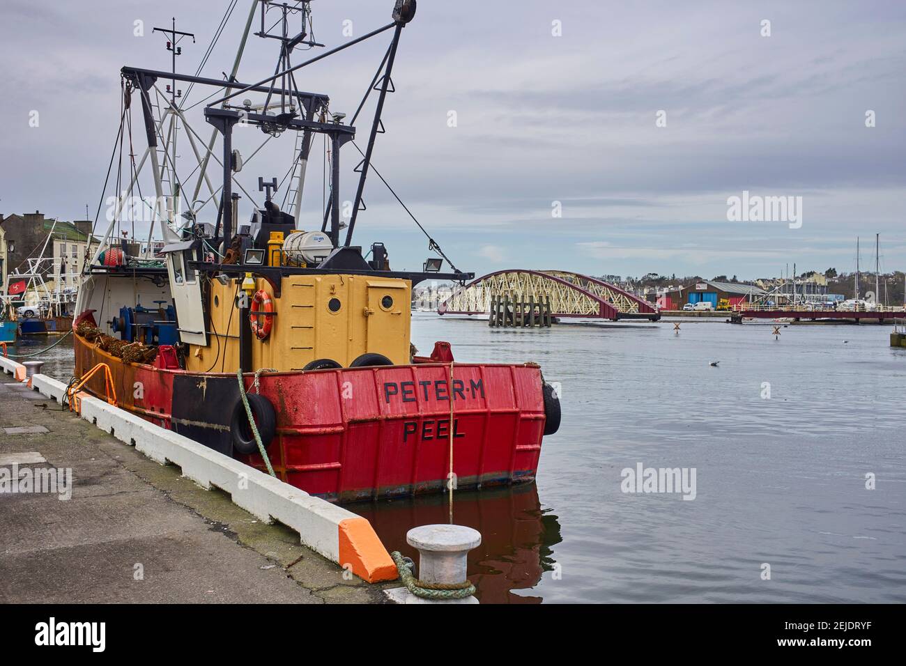 Peel fishing boat Peter M moored at high tide in Ramsey Harbour with ...